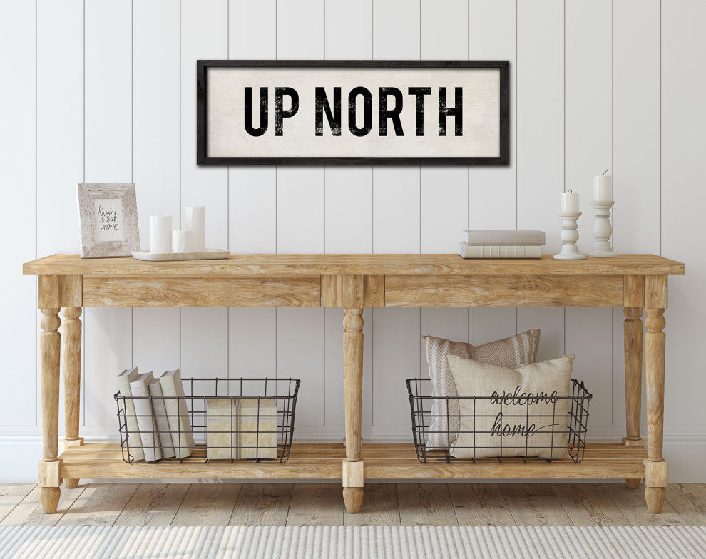 Hand Painted Wood Up North Lake House Sign 12x36 Black Frame