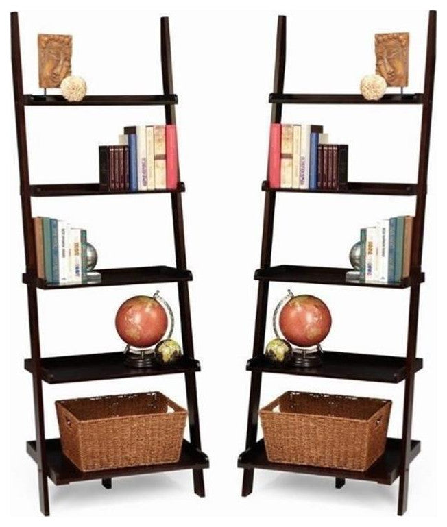 Home Square 2 Piece Ladder Modern Wood Bookshelf Set in Espresso