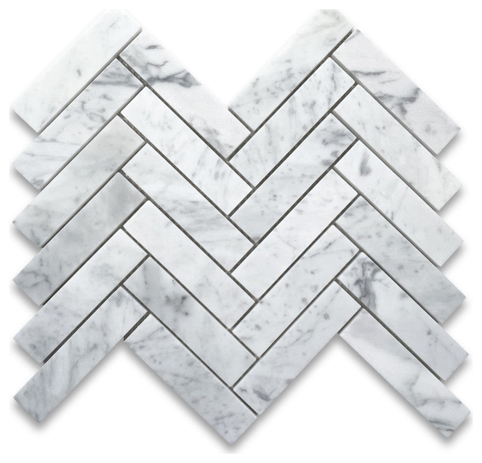Carrara White 1x4 Herringbone Marble Mosaic Tile Honed Venato Bianco,