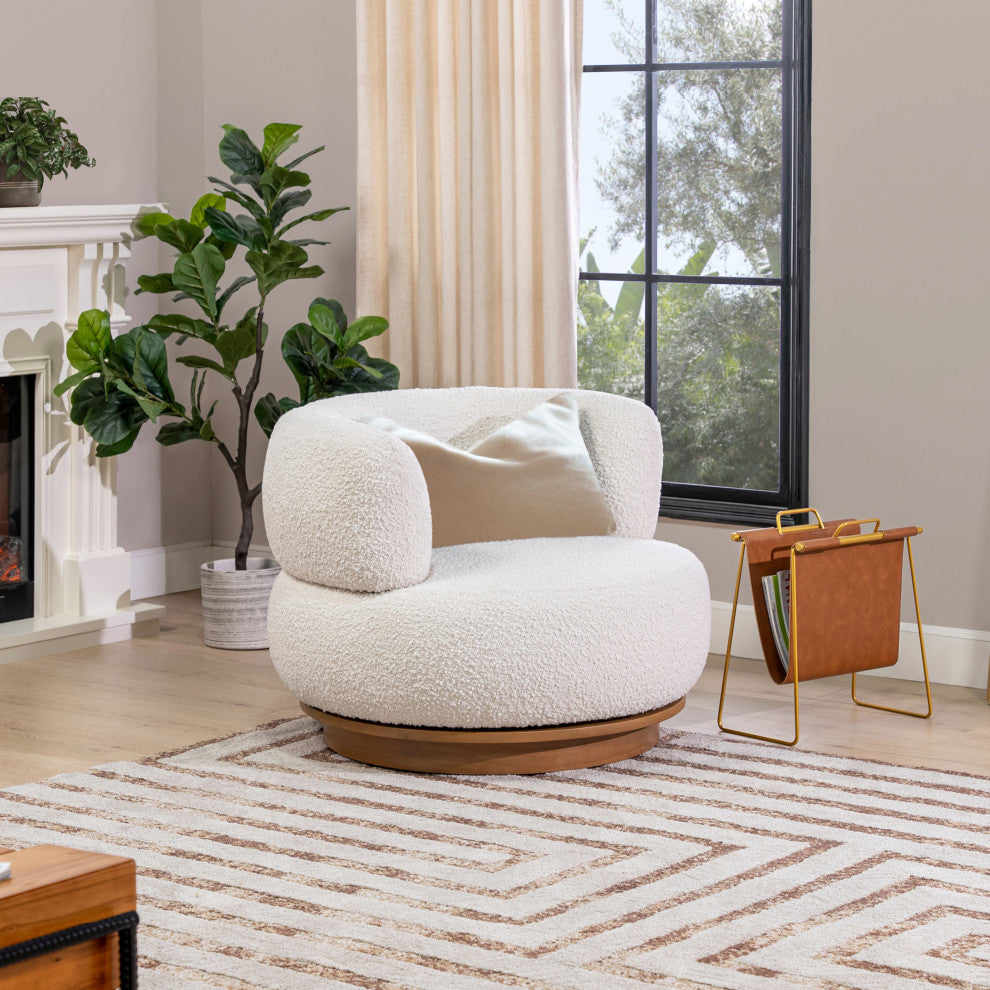 Fuji 360 Swivel BouclÃ© Low Barrel Back Accent Chair, Ivory White