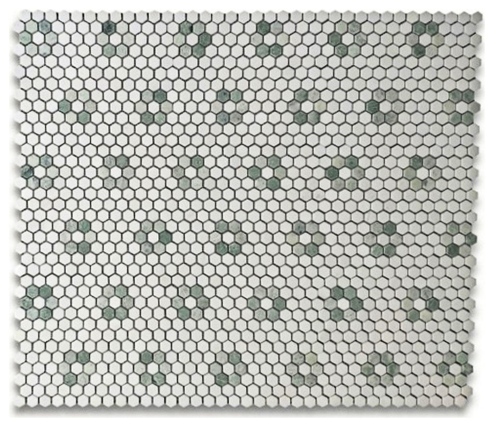 Rosette Hexagon Thassos White Ming Green Marble Mosaic Polished Tile,