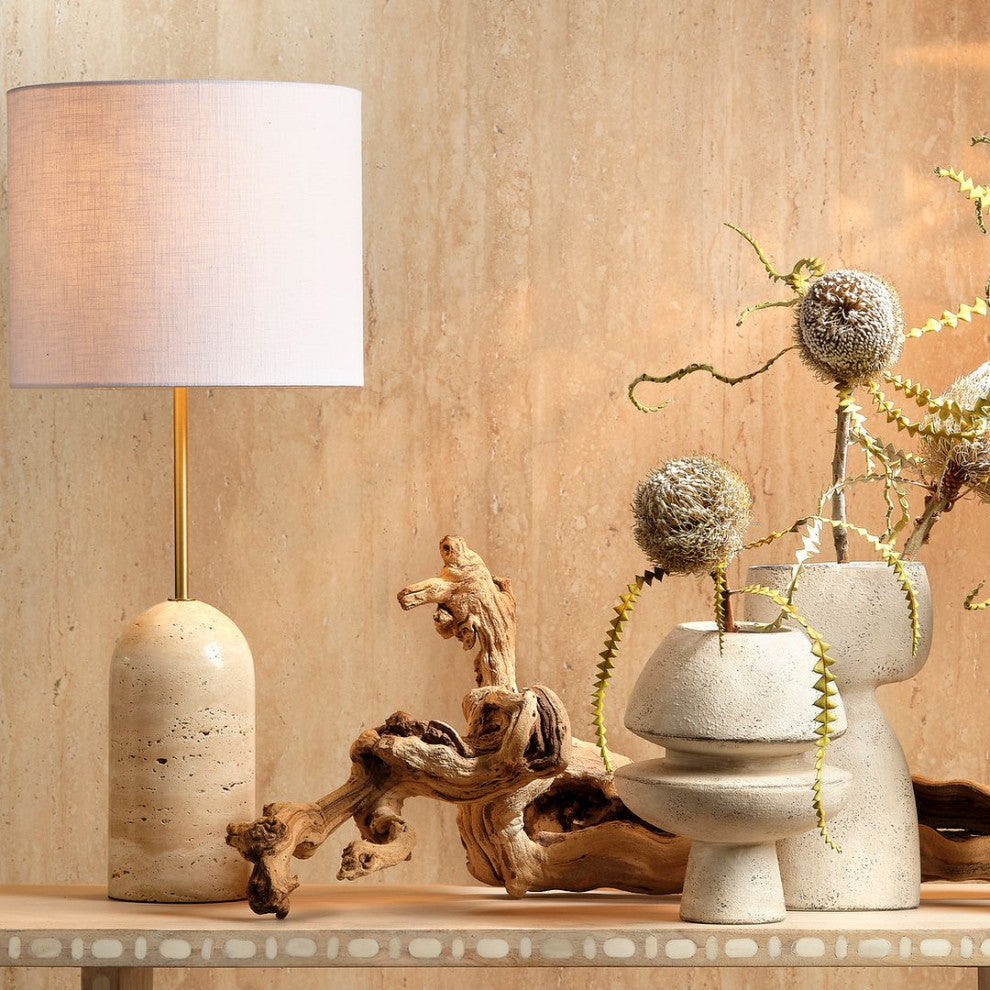 Slim Natural Travertine Stone Contemporary Table Lamp 27 in Brass Meta