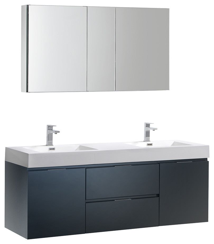 Valencia 60" Dark Slate Gray Wall Hung Double Sink Vanity, Faucet FFT9