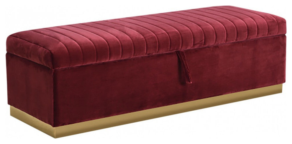 HomeRoots Rectangular Modern Red Velvet Storage Bench With Gold Metal