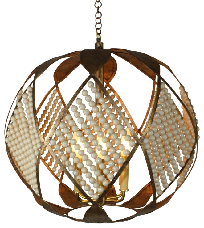 Vintage Style Diamond Sphere Shaped Pendant Light Gold Cream Beaded Op