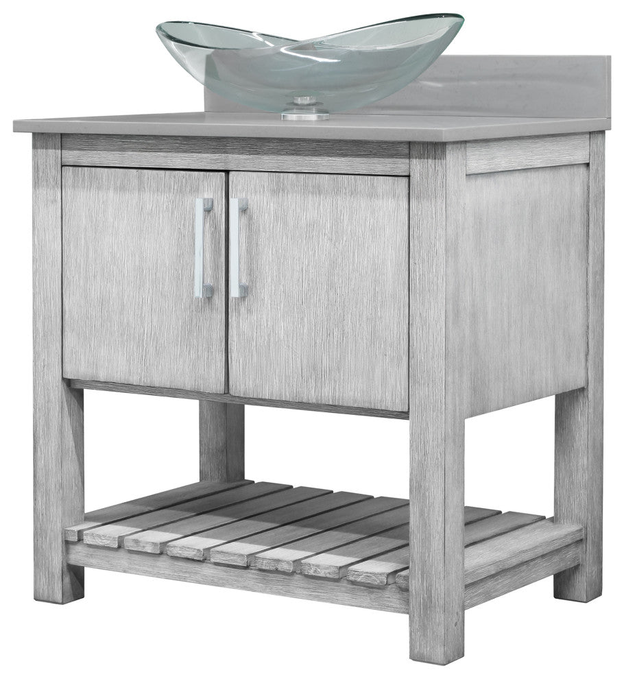 30" Vanity, Storm Grey Quartz Top, Sink, Drain, Mounting Ring, and P-T