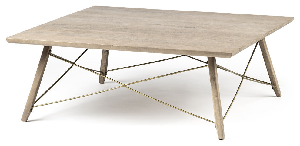 HomeRoots Square Solid Wood Top and Legs Coffee Table WithMetal Bracin