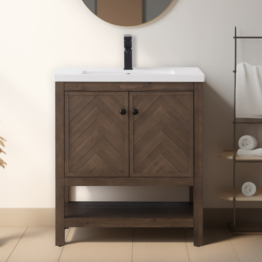 Landon Modern Herringbone Bathroom Vanity, 30", White Top