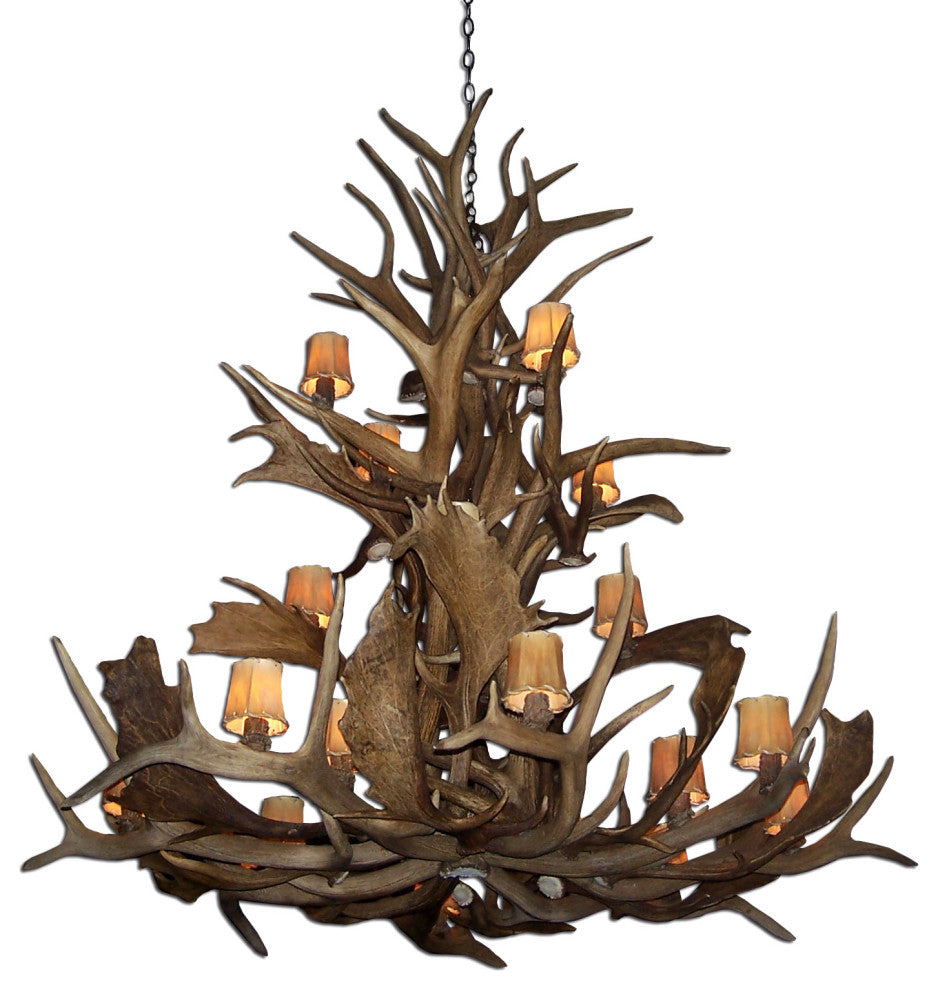 Elk, Fallow Cascade Deer Antler Chandelier Light, Large, Parchment Sha