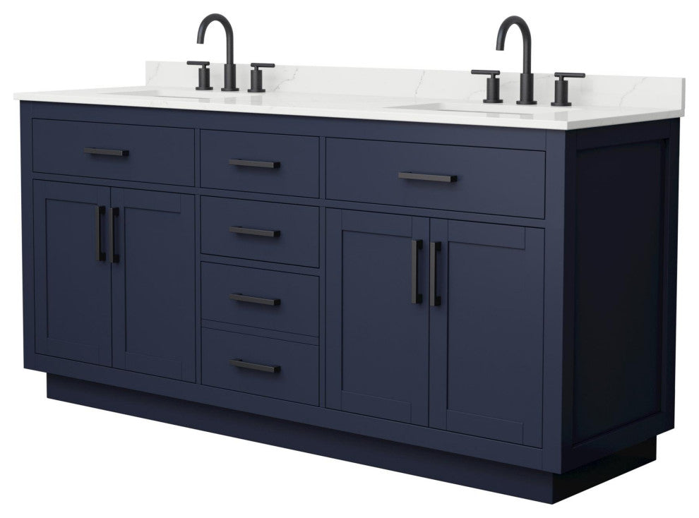 Beckett TK 72" Dark Blue Double Vanity, Giotto Quartz Top, 3-Hole, Bla