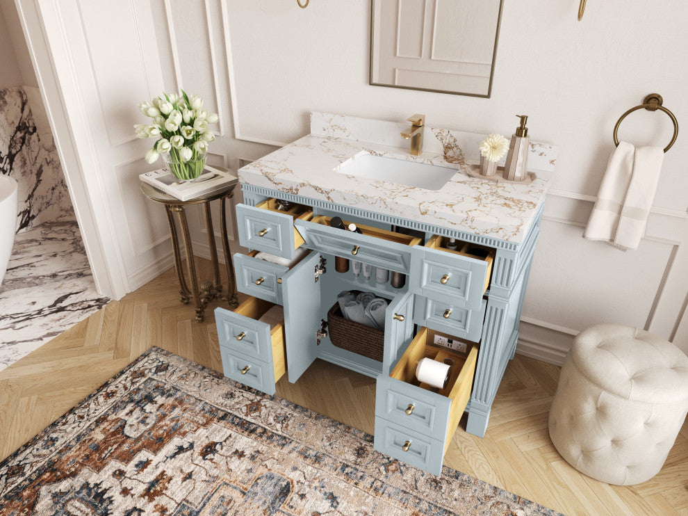 Paris 42" Single Sink Bathroom Vanity, Blue Heather 2" Calacatta Nuvo