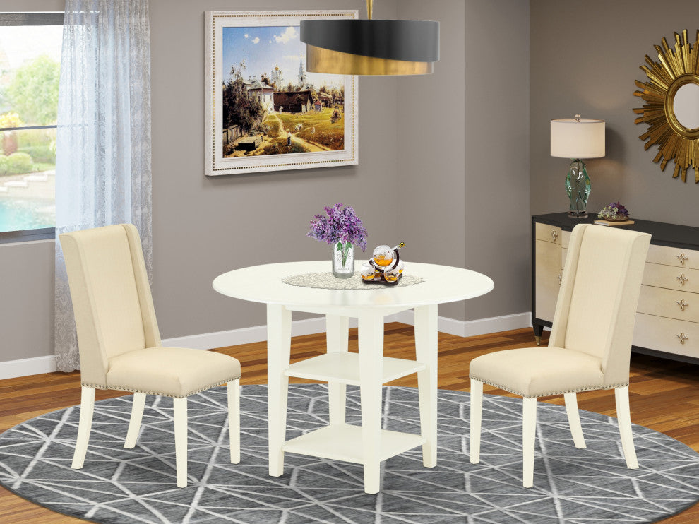 3Pc Dinette Set, Round Table, Two Shelves, 2 Chairs, Cream Dining Chai