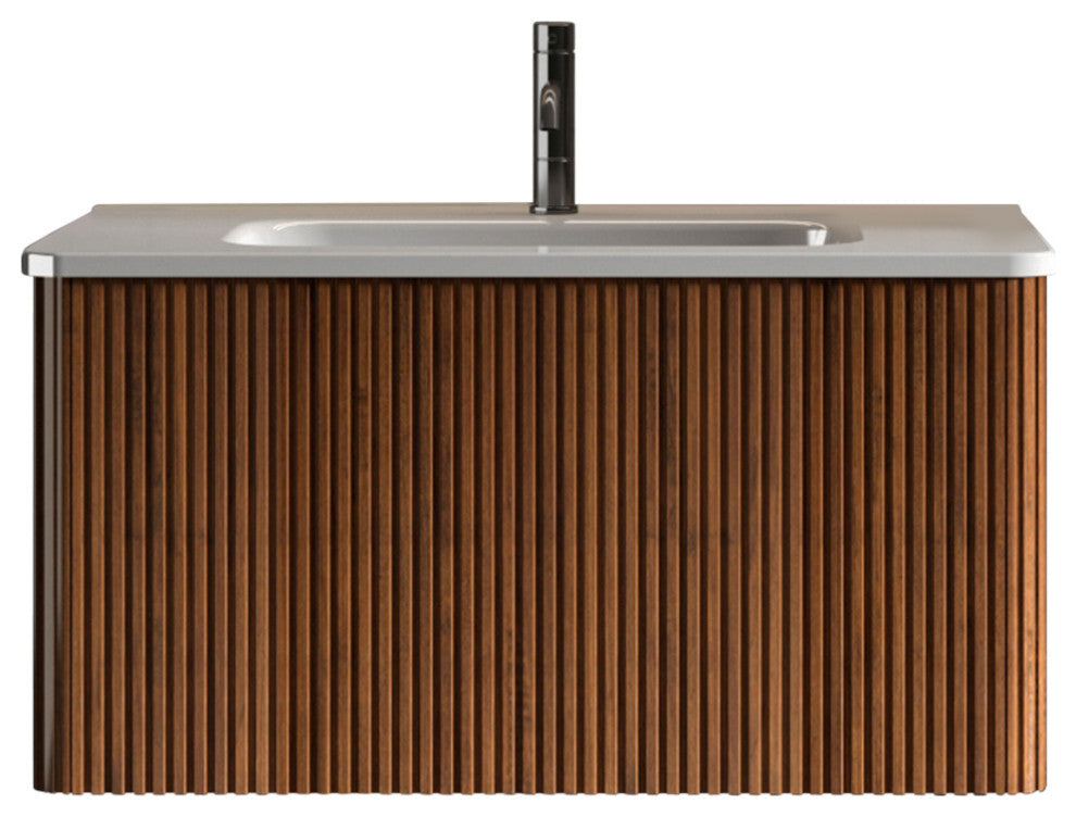 Modern Wall Mounted Bath Vanity, Integrated Sink, Walnut, 30"w