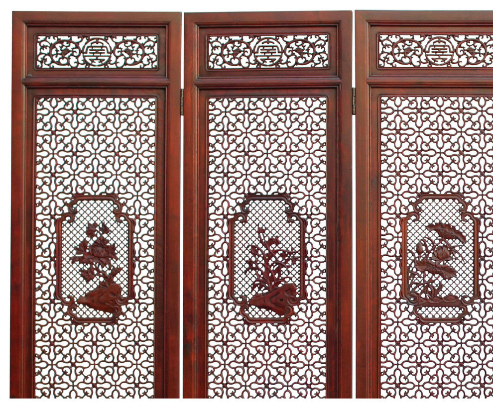 Chinese Reddish Brown Stain 4 Seasons Flower Wood Panel Floor Screen H
