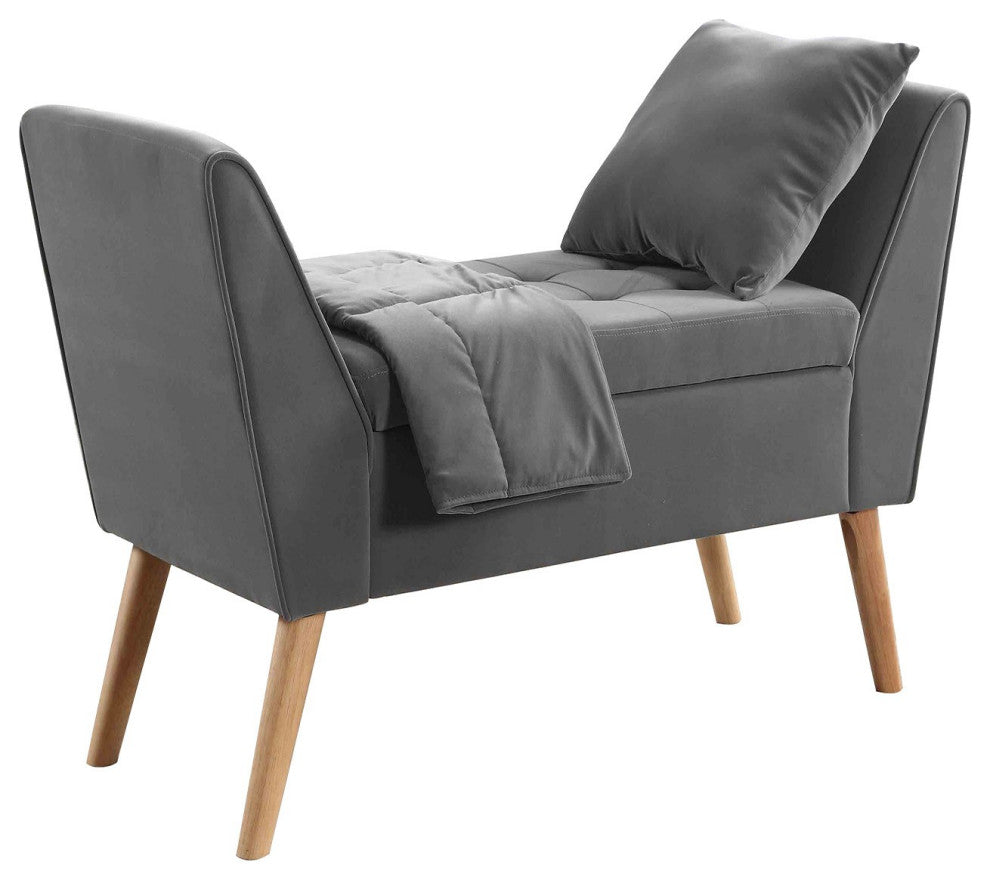 Grey Modern Flair Storage Bench With Throw Pillow and Blanket