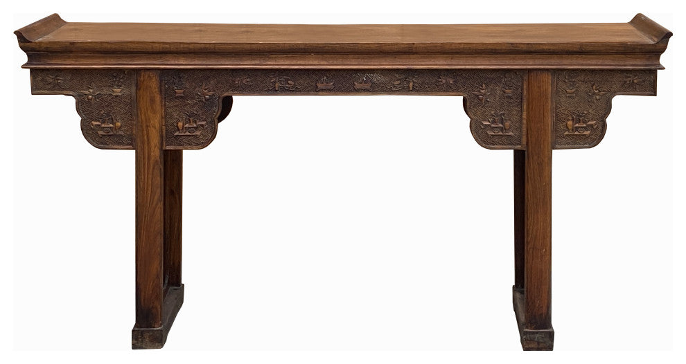 Brown Natural Wood Point Edge RuYi Apron Altar Console Table Hcs7780