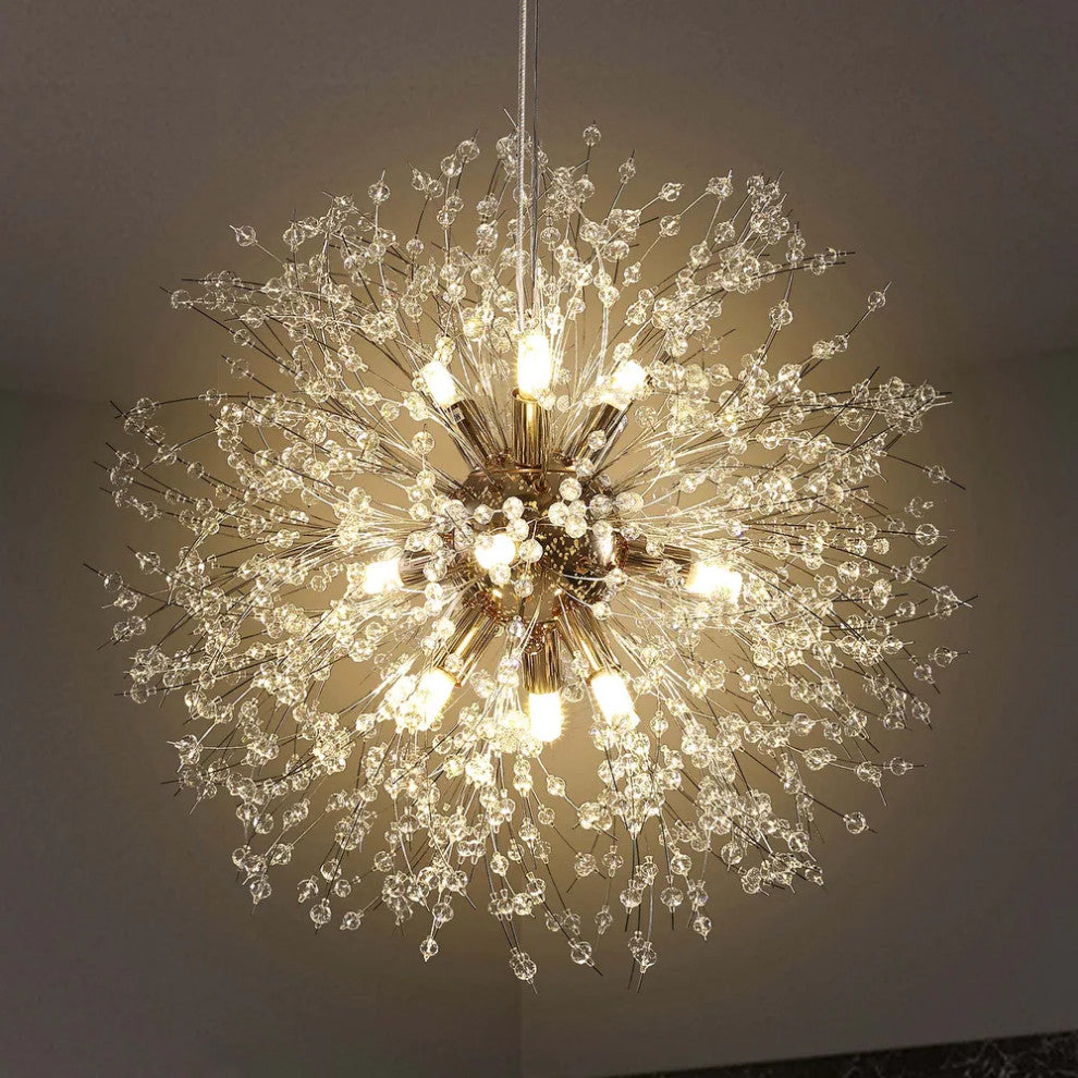 12 Light Modern Gold Sun Fireworks Pendant Crystal Chandelier, 22"