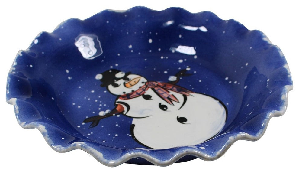 Pie Plate Snowman Blue Ceramic Plate Debra Kelly
