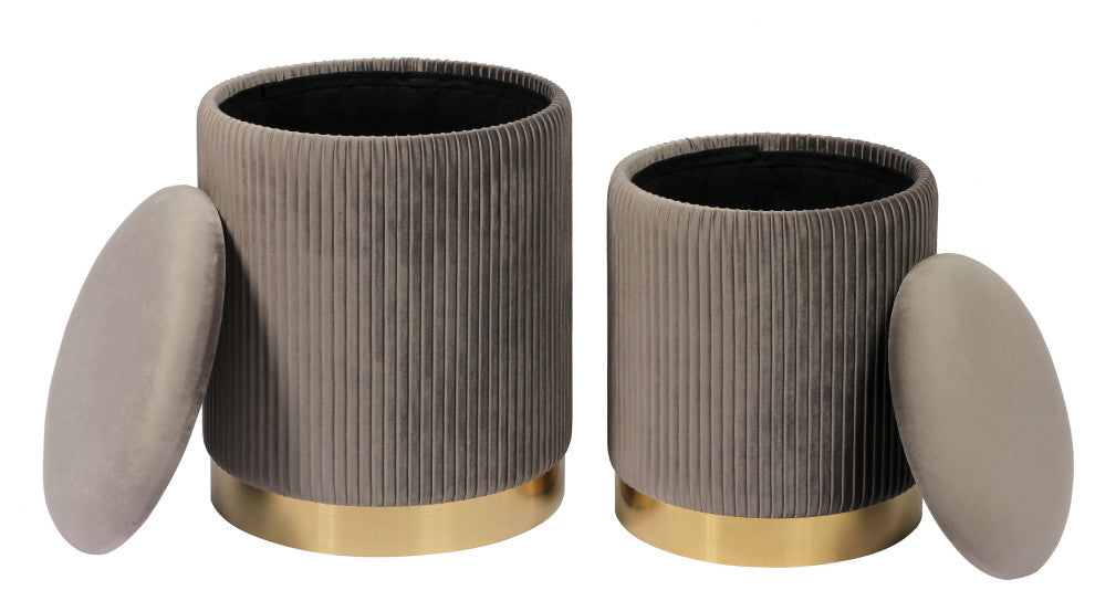 Channeled Grey Velvet Storage Ottomans - Set Of 2 - Grey