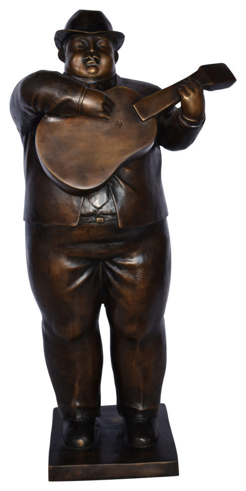Man Playing Guitar Fernando Botero Style Bronze Statue 14" X 11" X 30"