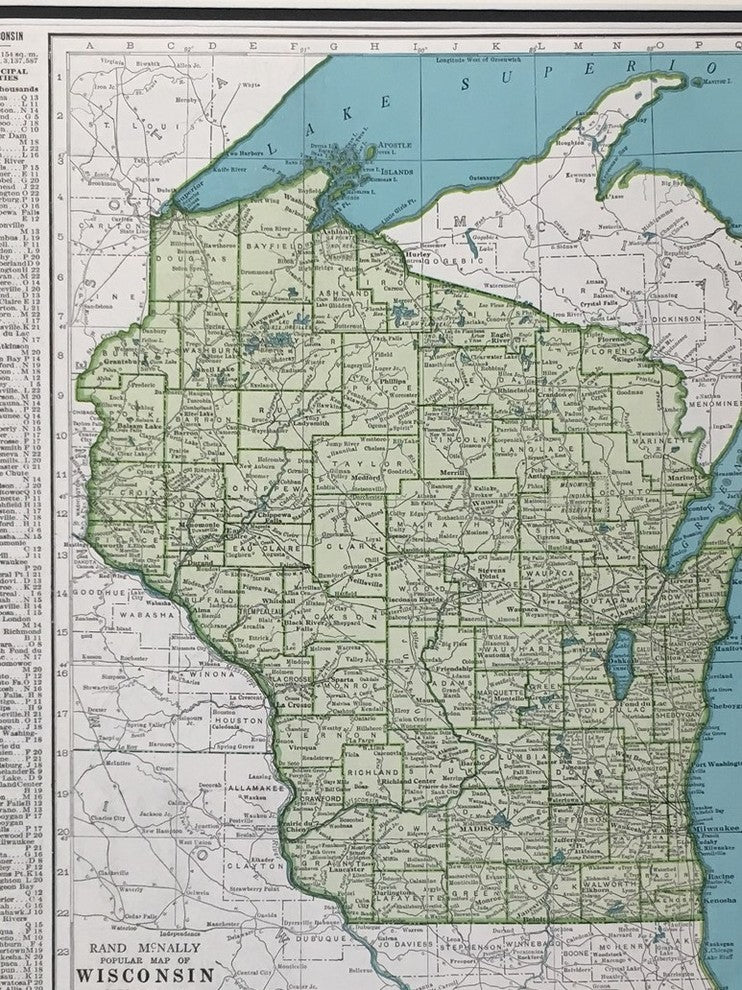 Original Vintage Wisconsin Map, Framed, 1940s Authentic Map