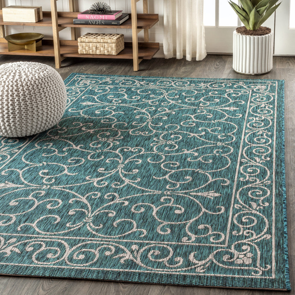 Charleston Filigree Textured Weave Indoor/Outdoor, Teal/Gray, 4 X 6