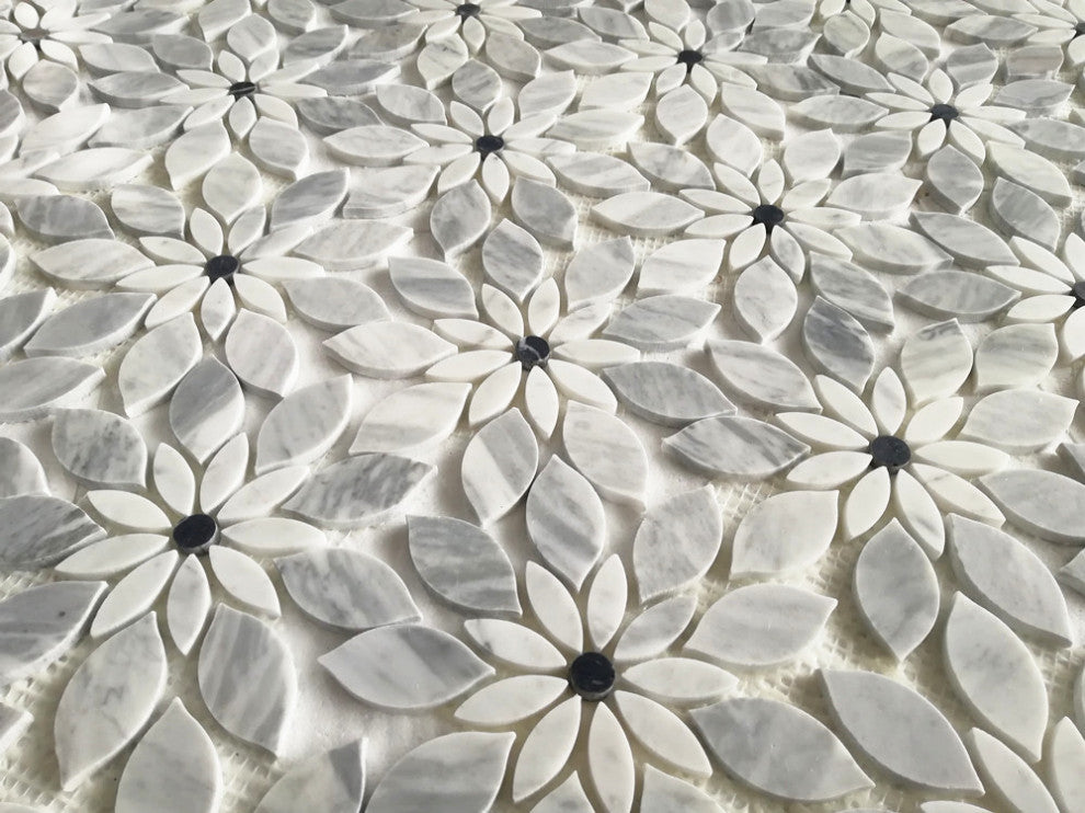 Wildflower Carrara Marble Rain Flower Mosaic Tile Bardiglio Honed, 1 s