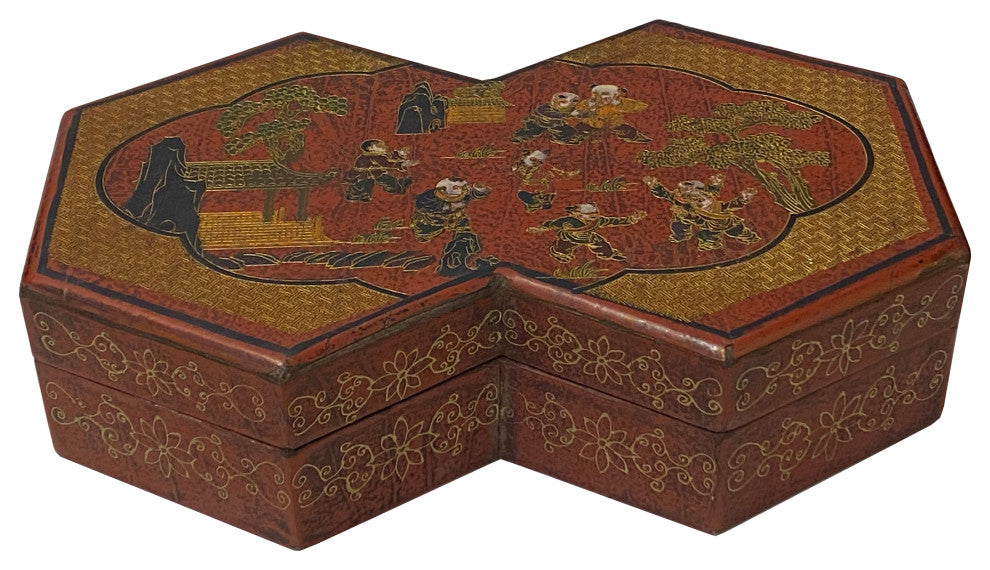 Chinese Distressed Brown People Graphic Rectangular Decagon Shape Box