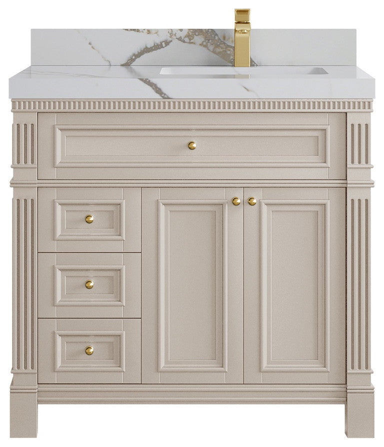 Paris 36" Right Offset Bathroom Vanity In Fine Grain 2" Calacatta Gold