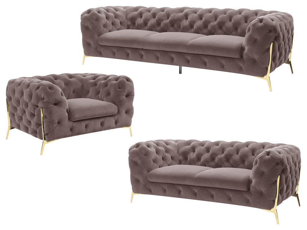 3 Piece Sofa Set, Gold Glam Luxe Hollywood Regency Sofa Set, Tufted Fa