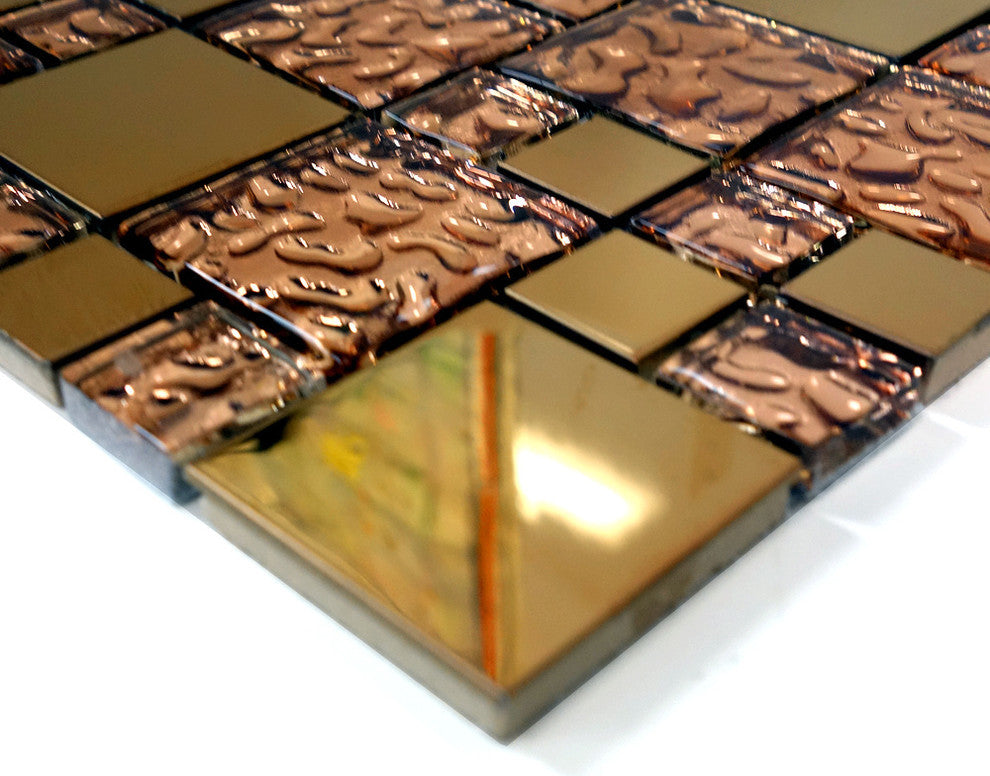 Copper Metal Pattern Textured Glass Mosaic Tile Backsplash, 12"x12", S