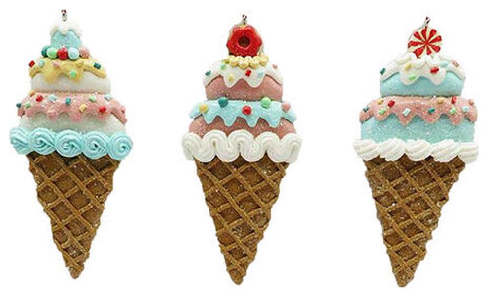 North Pole Sweet Shoppe Set Of 3 Assortment Ice Cream Cone Ornaments
