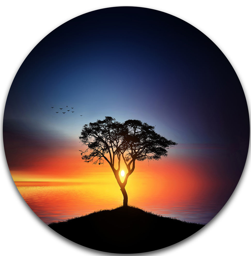Beautiful Sunset Over Lonely Tree, Disc Metal Artwork Landscape, 23"