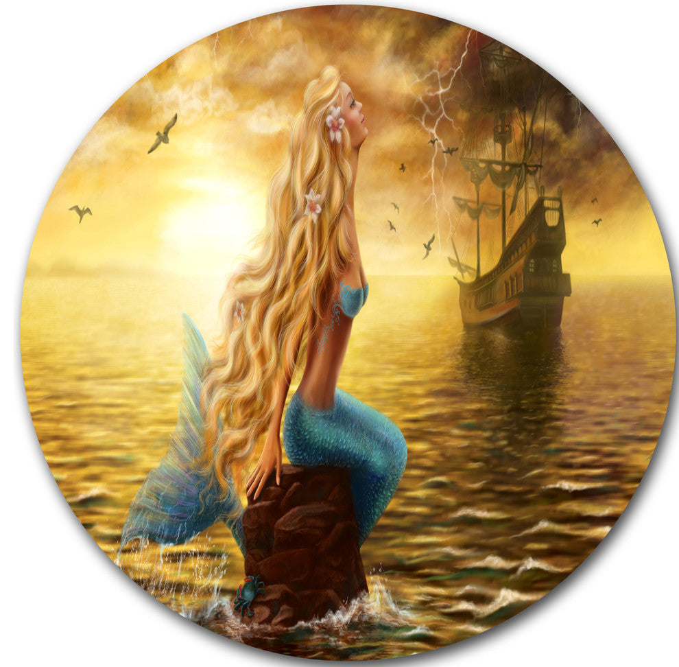 Sea Mermaid With Ghost Ship, Seascape Digital Disc Metal Artwork, 38"