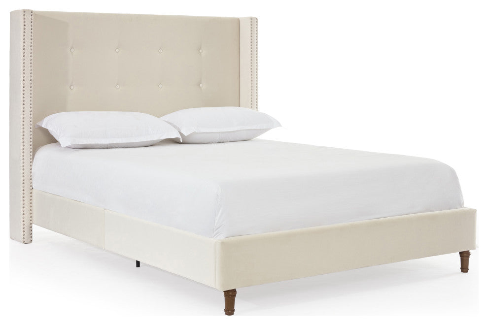 Aubrey Modern Design Upholstered Velvet Wingback Bed, Ivory, Queen