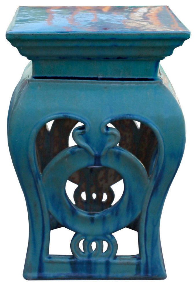 Chinese Turquoise Blue Square Coins Clay Ceramic Garden Stool Hws921
