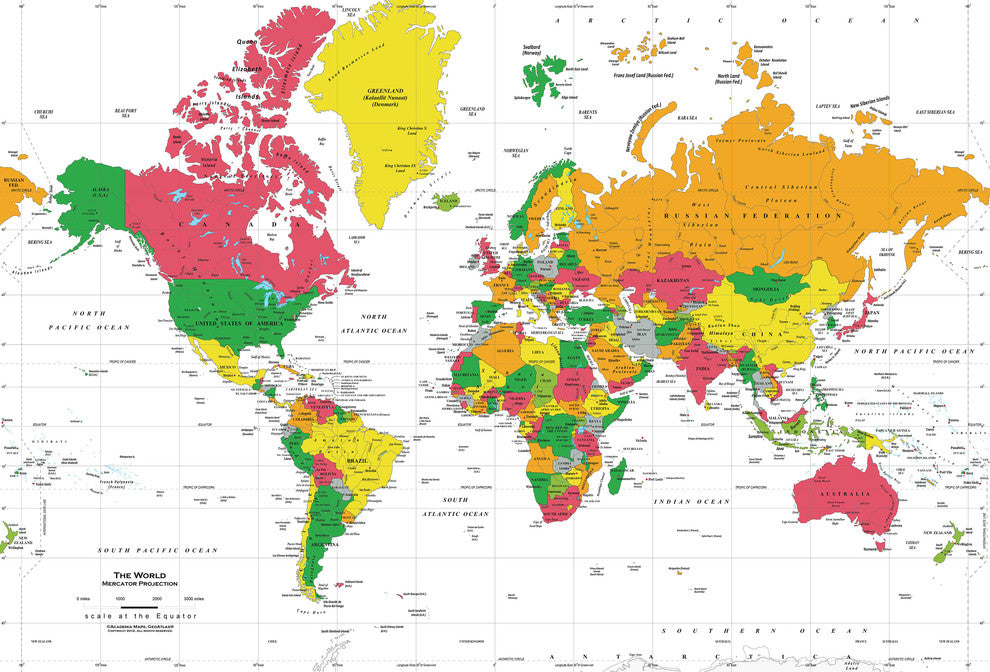 White Oceans World Political Map Wall Mural, Peel and Stick, 3-Panel,