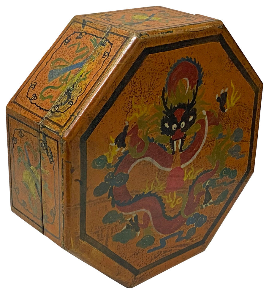 Chinese Distressed Light Brown Octagon Dragon Treasure Graphic Box Hws
