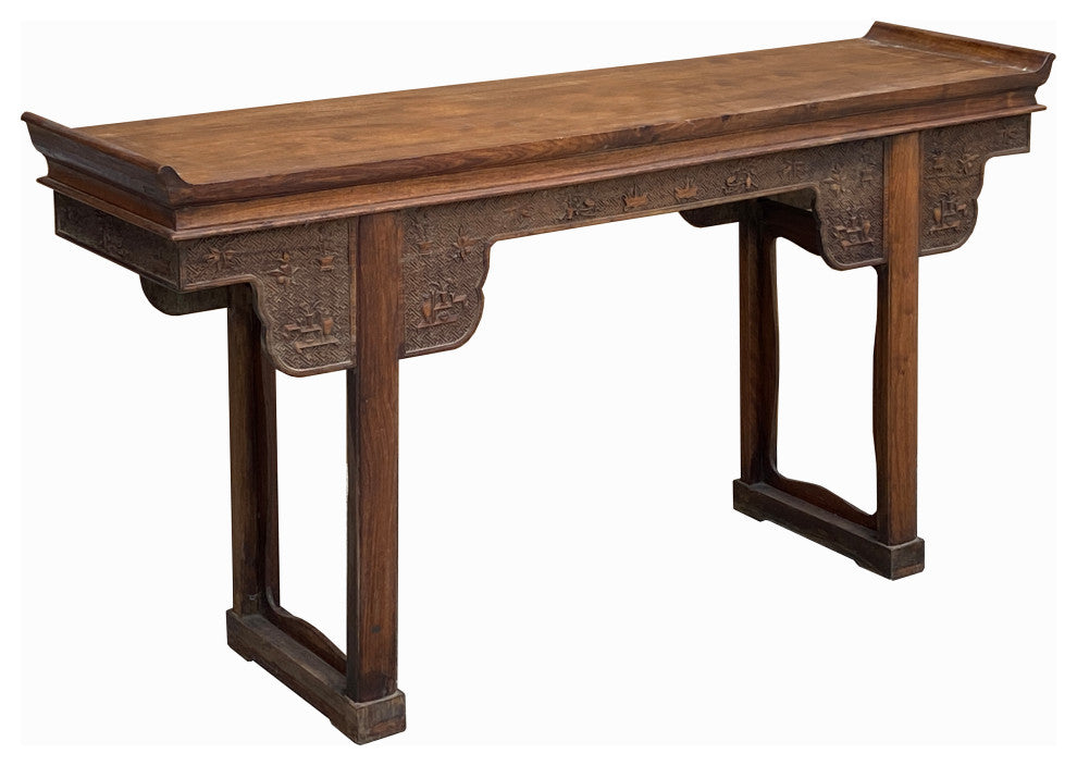 Brown Natural Wood Point Edge RuYi Apron Altar Console Table Hcs7780