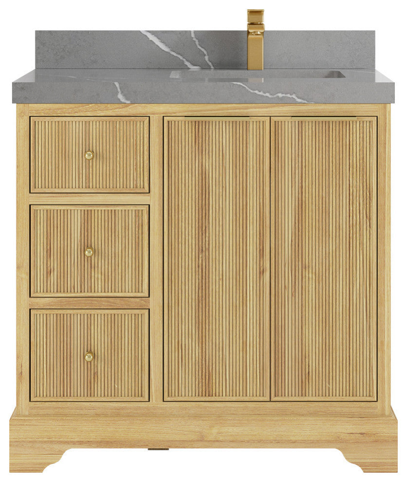 Austin 36 Right Offset Bath Vanity in Light Natural Teak 2" Piatra Gra