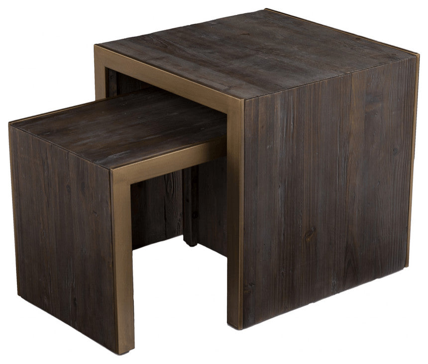 Set Of Two 19" Gray Solid Wood and Gold Chunky Nested End Tables