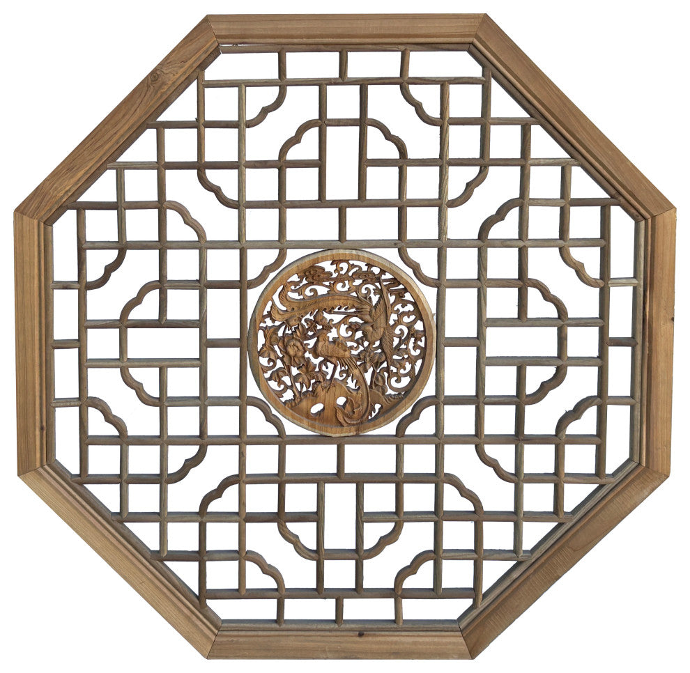 Raw Wood Octagonal Phoenix Birds Flower Geometric Pattern Wall Panel