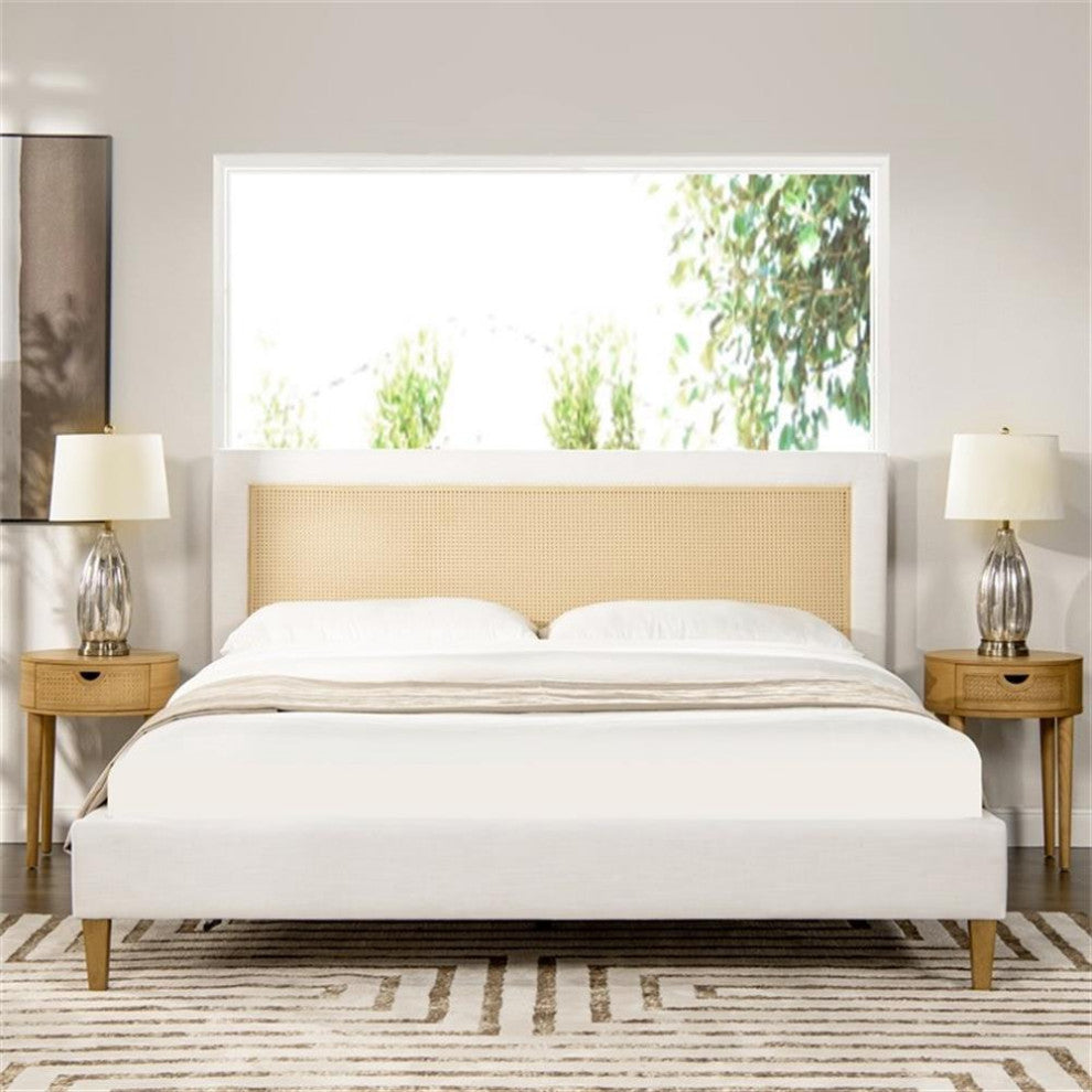 Haley Upholstered Cane Back Platform Bed King Eggshell White Linen