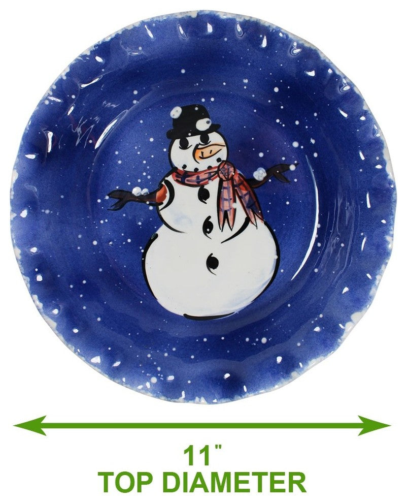 Pie Plate Snowman Blue Ceramic Plate Debra Kelly