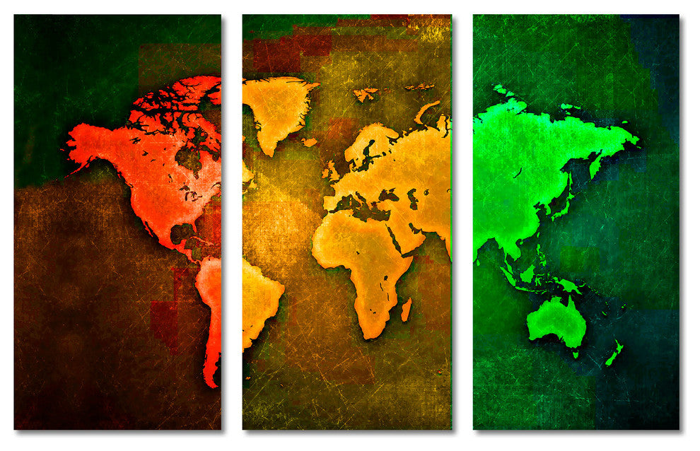 Color World Map Pop Art Canvas Print 3 Panel Split Triptych Wall Art
