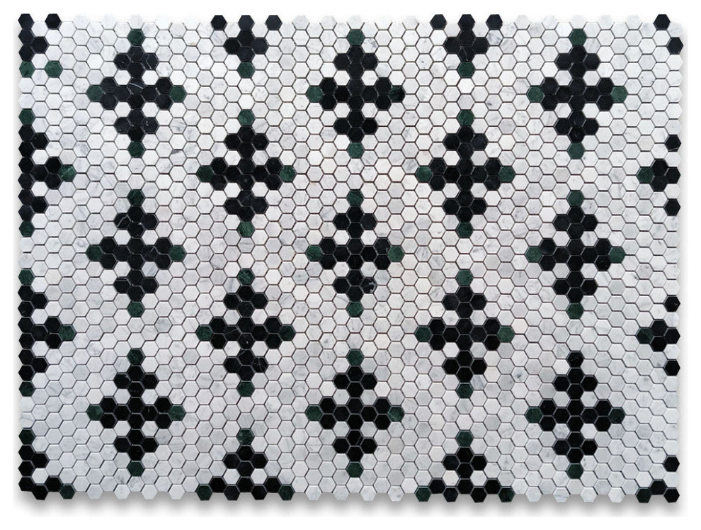 Carrara White Marble Hexagon Starlight Mosaic Tile Black Green, 1 shee