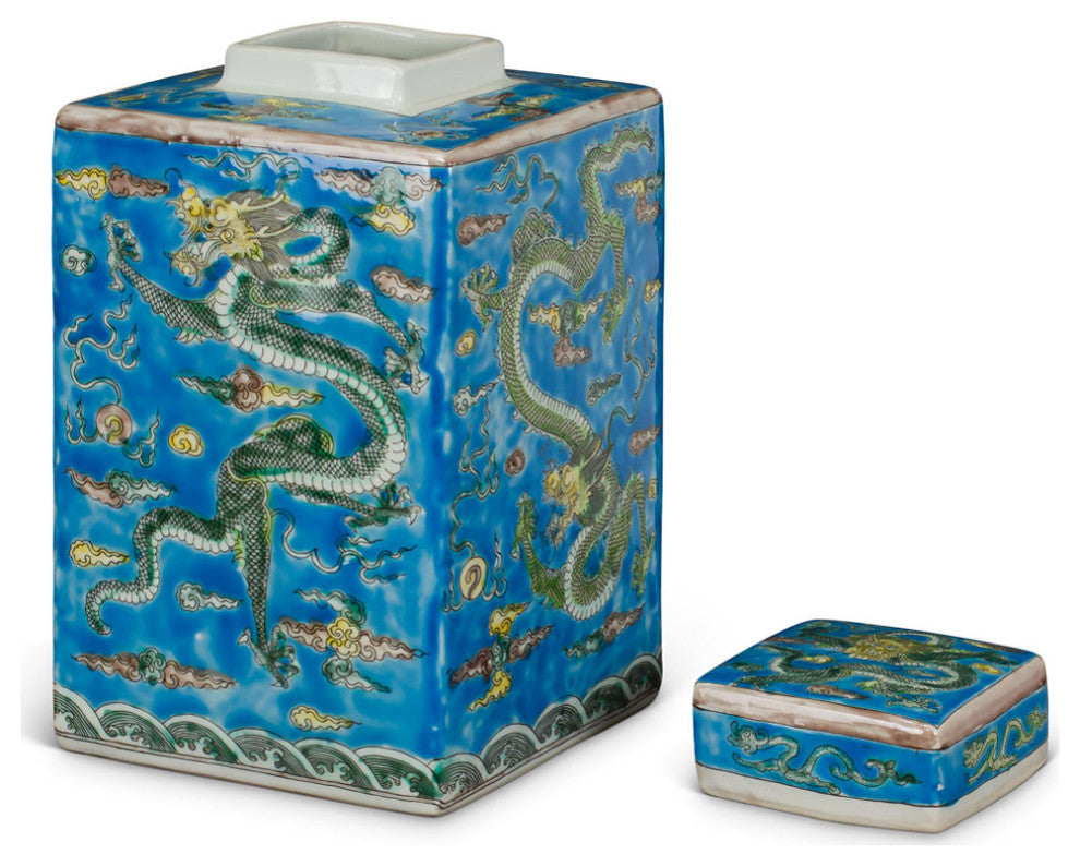 Light Blue Chinese Square Porcelain Tea Jar with Imperial Dragon Motif