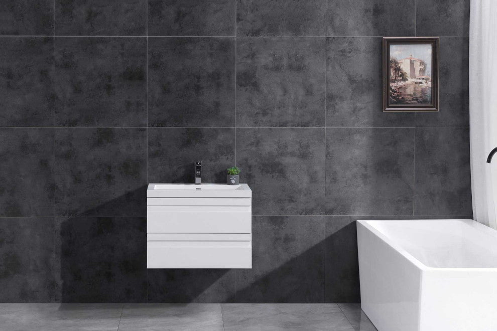 30" Wall-Mount Modern White Vanity LV8W-30W With Square Sink Top