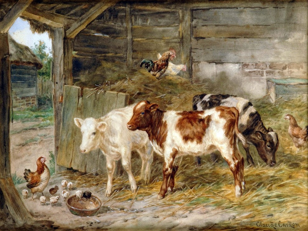 Tile Mural Cattle and Chickens By Claude Cardon, 6"x8", Matte