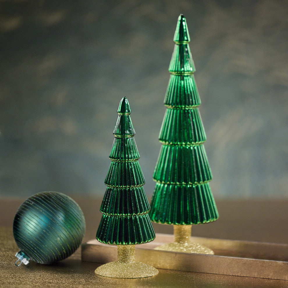 Dembe Classic Green Glass Tree on Gold Glitter Base, Set of 2, 9.5"